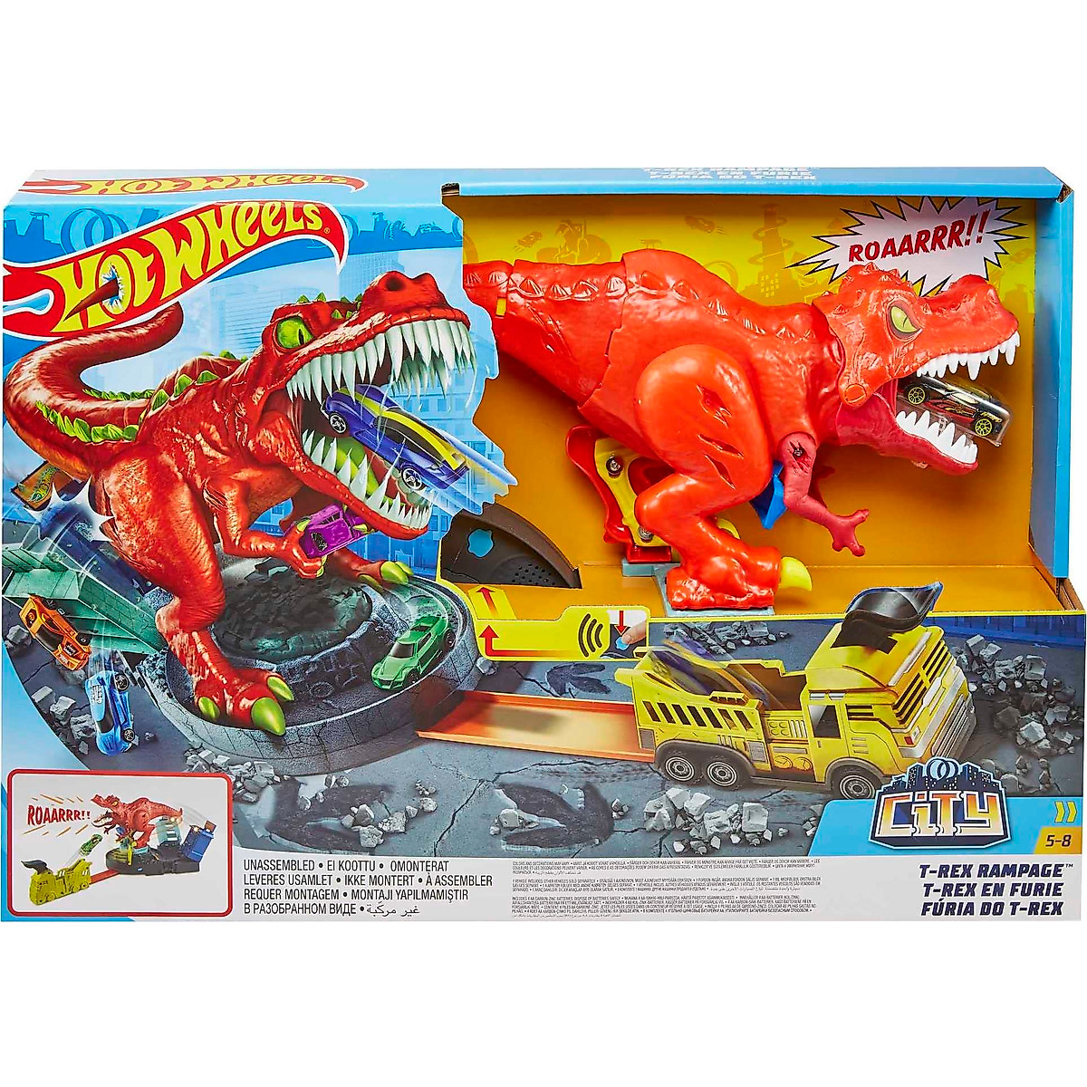 Hot Wheels Toy Car Track Set, T-Rex Rampage Playset & 1:64 Scale Vehicle, Launch into the Giant Dinosaur