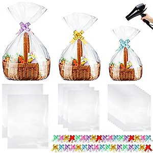 3 Sizes 40 Pack Shrink Wrap Bags for Gift Baskets Easter Clear PVC Heat Shrink Bags Cellophane Basket Bags Shrink Wrap and 60 Pcs Colorful Pull Bows for Present Baskets Packaging