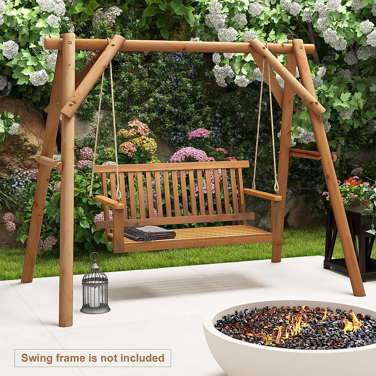 Tangkula 2 Person Hanging Porch Swing, Wooden Patio Swing with 2 Hanging Hemp Ropes, Slatted Seat & Back, 800Lbs Acacia Wood Outdoor Swing Bench for Backyard Deck Garden