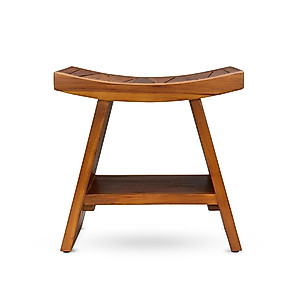 TeakCraft Teak Shower Stool with Shelf – Water Resistant, Non-Slip Premium Indonesian Teak Wood Bath Seat Bench for Shower – Fully Assembled Wood Spa Bath Organizer Seat with Leveling Feet, The Randi