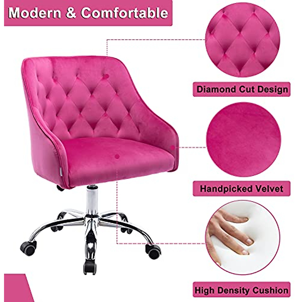 SLEERWAY Velvet Home Office Desk Chair, Modern Swivel Armchair, Comfy Task Chair with Height Adjustable, Upholstered Tufted Computer Chair for Working or Studying (Purple)