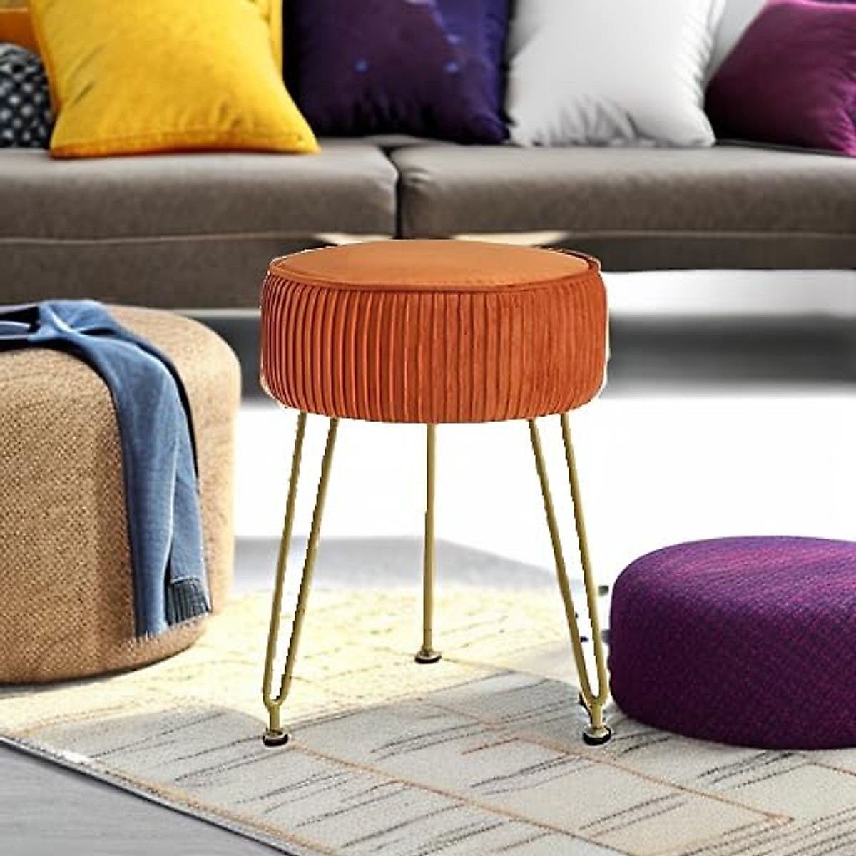 IBUYKE Velvet Round Footrest Stool Ottoman, Makeup Vanity Stool Side Table, Velvet Dressing Table Seat, Pouf Couch Stool, Golden Steel Legs, Orange LG-30J