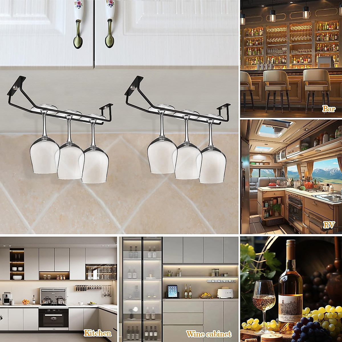 10.8 Inch Long Single Rail Wine Glass Rack Under Cabinet Cupboard, Yimerlen Metal Stemware Holder Wine Glass Holder Wine Glass Hanger for RV Mini Bar Kitchen Storage (Black- 2 Pack)