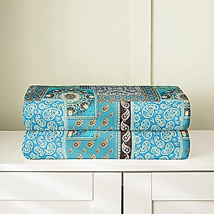 Bohemian Style Throw Blanket Blue Retro Exotic Flowers Decorative Flannel Blanket for Teens Adults Abstract Geometric Patchwork Plaid Fleece Blanket for Housewarming Sofa Twin 60x80