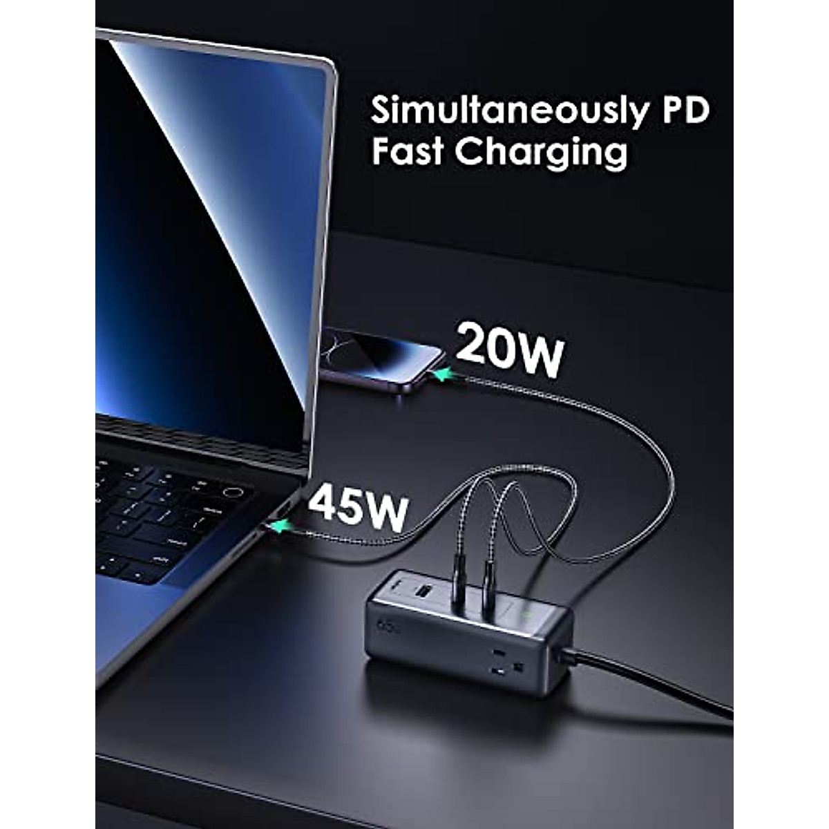 USB C Charger, oraimo 65W GaN Charging Station with 2 Outlets Extender, 5ft Extension Cord & 60W Type C Cable for MacBook Pro, iPhone, Galaxy, Pixel, Desktop Accessory for Home, Office Supplies