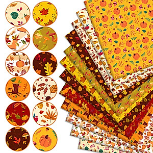 JarThenaAMCS 12Pcs Fall Cotton Fabric Bundles Pumpkin Maple Leaf Mushroom Acorn Fat Quarters Autumn Thanksgiving Quilting Patchwork for DIY Craft Home Party Decor, 18 x 22 Inch