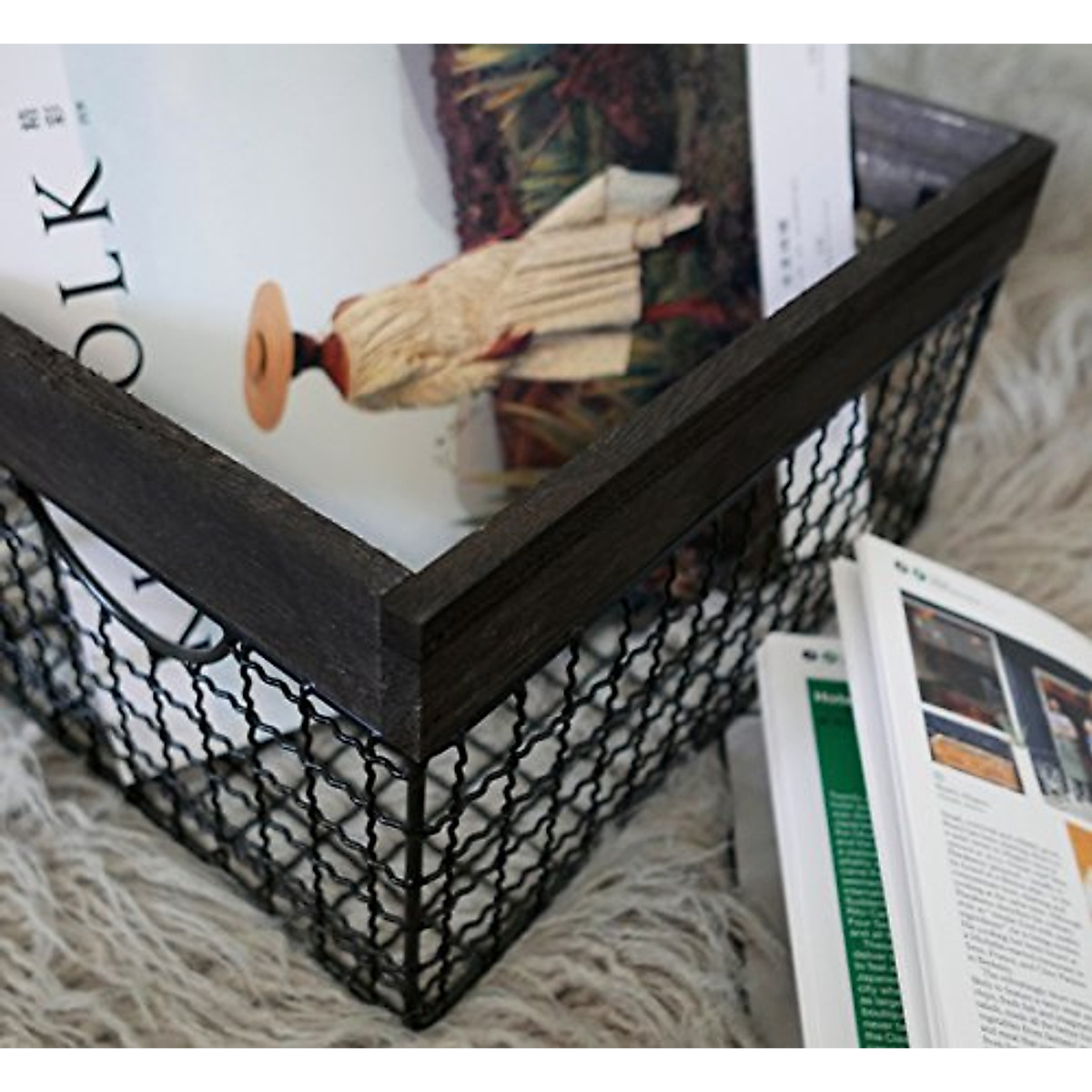 SLPR Wooden Top Wire Storage (Set of 3, Dark Wood): Kitchen, Nursery, Pantry Organization and Storage Bins, Laundry Blanket Baskets, Stackable Storage Bins for Organizing, Metal Milk Crates