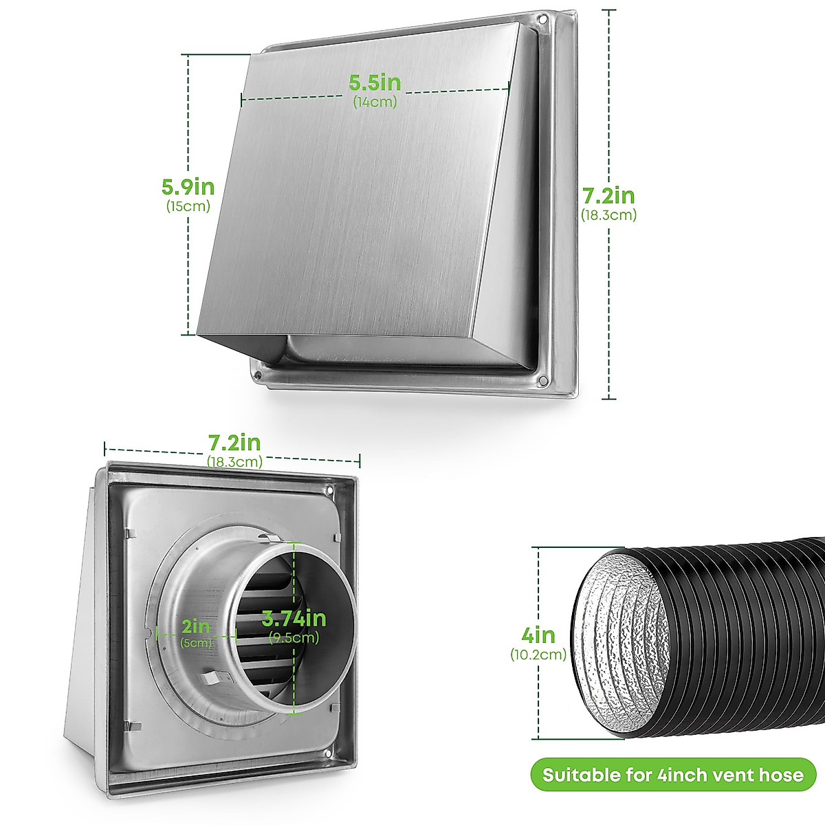 Stanbroil 4 Inch Dryer Vent Cover Outdoor Walls, Stainless Steel External Extractor Wall Vent Cushioned Non-Return Flap, Outside Airflow Vent Replacement Hood