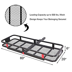 TUFFIOM 60"x20"x6" Folding Hitch Mount Cargo Carrier Basket, 500lbs Steel Car Cargo Trailer Hitch Luggage Rack with Net, Waterproof Cargo Bag, Straps & Stabilizer for SUV Car Truck Van