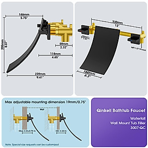 Qinkell Wall Mount Tub Faucet Matte Black Waterfall Tub Fill Roman Bathtub Faucet High Flow Brass Bathroom Bathtub Faucets with Rough-in Valve and 2 Handles