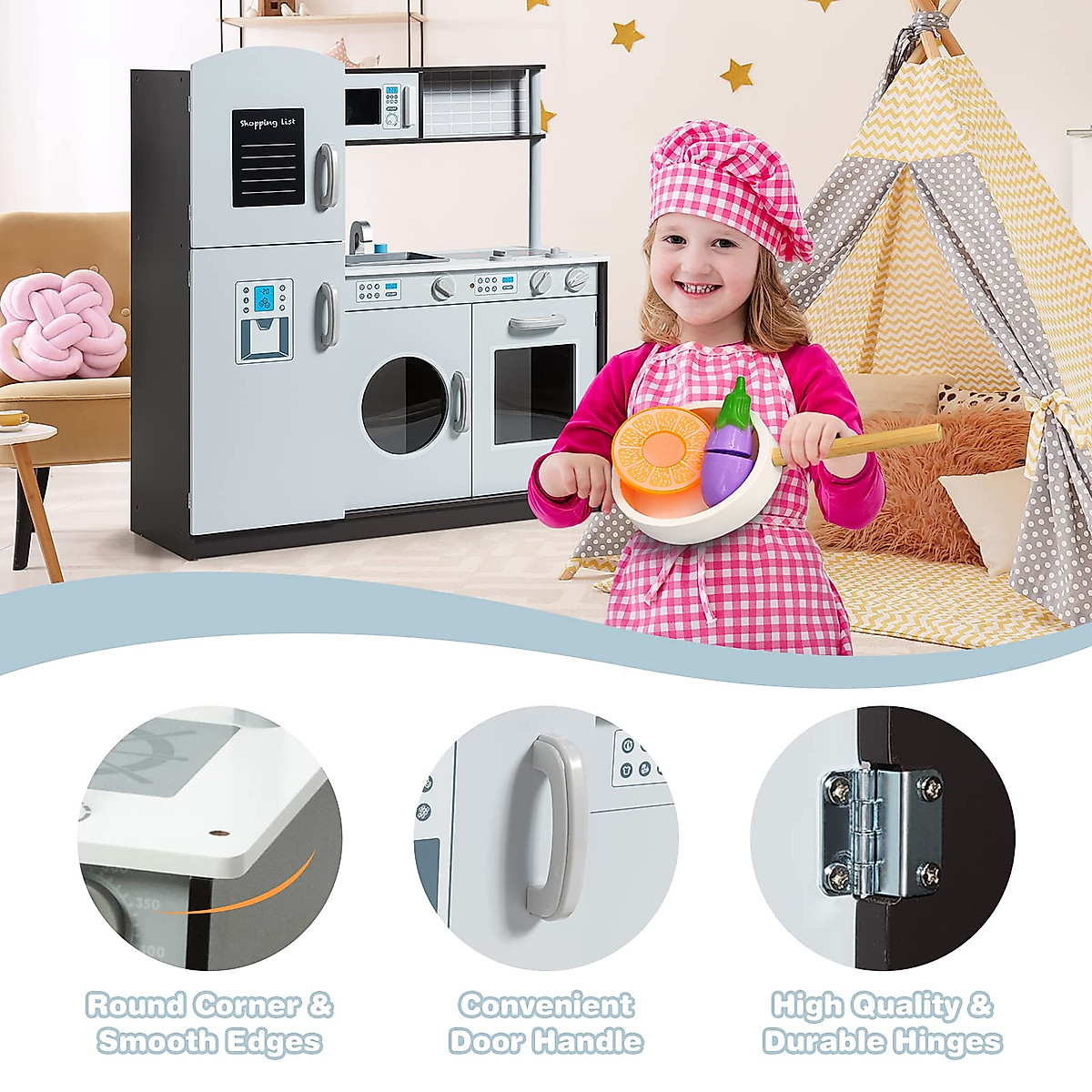 HONEY JOY Kids Kitchen Playset, Wooden Little Chef Pretend Toy Kitchen Set w/Sounds, Sink, Stove, Microwave, Storage Cabinet, Shop List, Play Kitchen for Toddlers, Gift for Boys Girls 3+, Gray