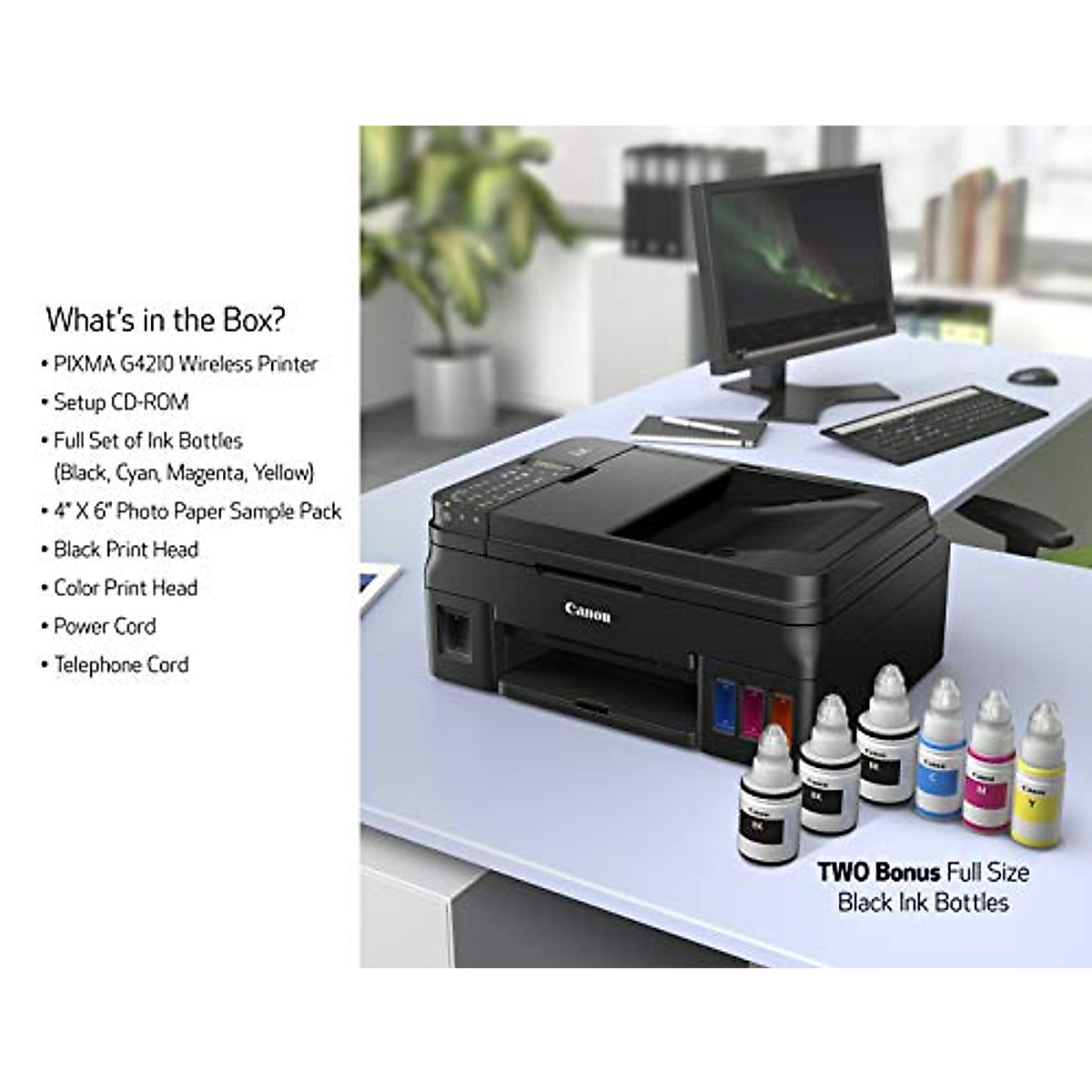 Canon PIXMA G4210 Wireless All-In-One Supertank (Megatank) Printer, Copier, Scan, Fax and ADF with Mobile Printing, Black, One Size (2316C002)