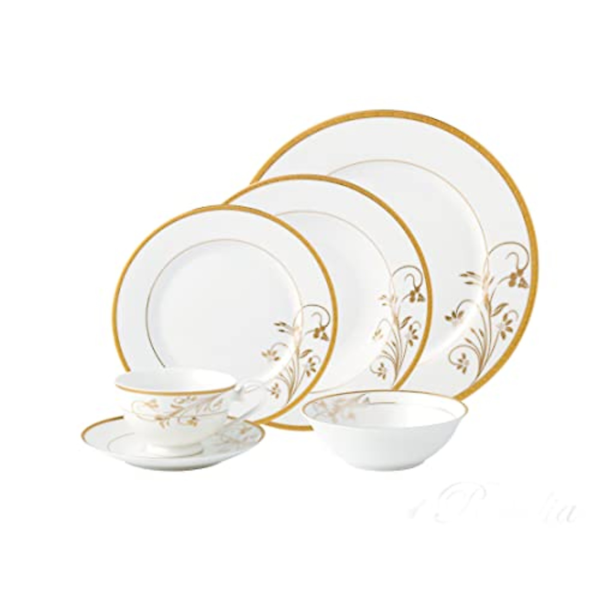 Lorren Home Trends La Luna Bone China 57-Piece 24K Gold Floral Design Dinnerware Set, Service for 8