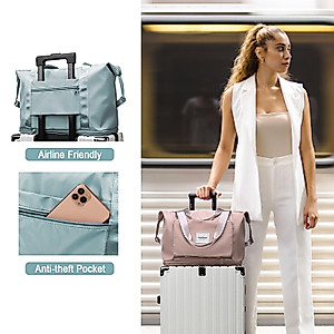 WOOMADA Foldable Travel Duffel Bag, Weekender Bags for Women, Tote Bag with Expandable Space, Carry on bags for airplanes with Wet Pocket & Trolley Sleeve, Gym Bag for Women, Lightweight (aquamarine)