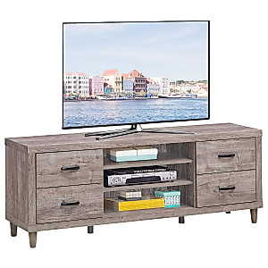 Tangkula Farmhouse TV Stand, Retro Wood Universal Stand for TV's up to 65" Flat Screen, 4 Drawers & 3 Open Shelves with 7 Adjustable Heights, 6 Legs Sturdy Structure, Rustic TV Console Table, Grey