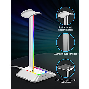 New bee RGB Headphone Stand with 1 USB-C Charging Port and 1 USB Charging Port, Desk Gaming Headset Stand with 7 Light Modes and Non-Slip Rubber Base Suitable for All Earphone Accessories (Silver)