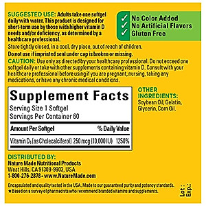 Nature Made Maximum Strength Vitamin D3 10000 IU (250 mcg), Dietary Supplement for Bone, Teeth, Muscle and Immune Health Support, 60 Softgels, 60 Day Supply