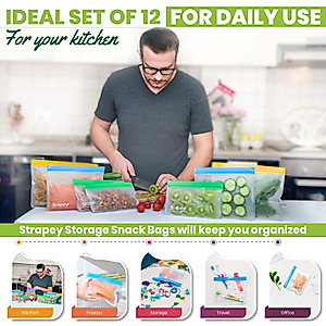 [12 pack] Reusable Snack Bags keep Food Fresh, Easy Lunch Bags are Durable and Food Grade, Reusable Freezer Bags and Leak Proof, Food Storage Sandwich Bags and Eco-Friendly, Lunch Box for Kids