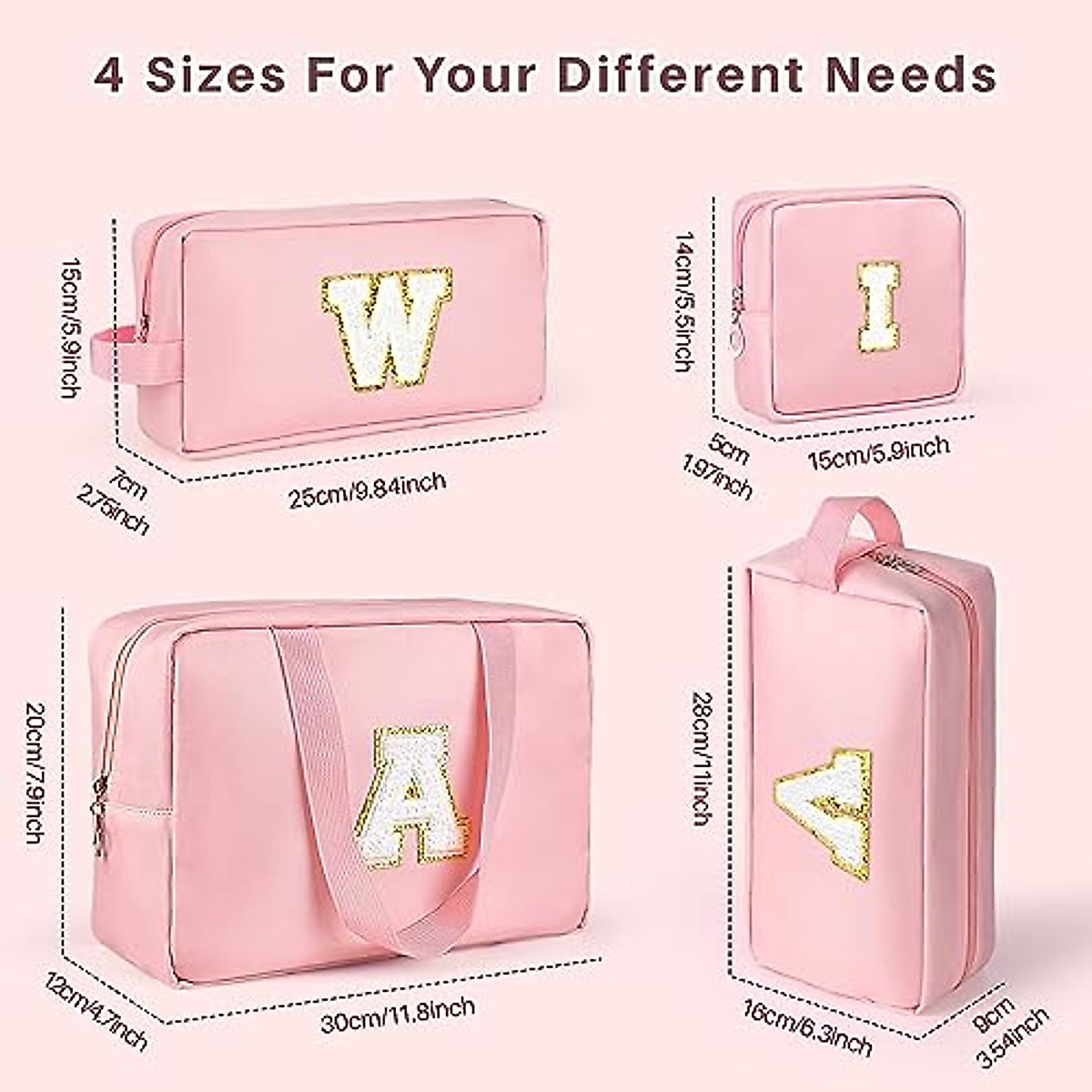 TOPEAST Makeup Bag Set, 4 Pack Initial Cosmetic Bags Chenille Letter Bags Travel Toiletry Bag Waterproof Nylon Makeup Pouch with Handle, Personalized Birthday Gift for Women Girls, Letter A