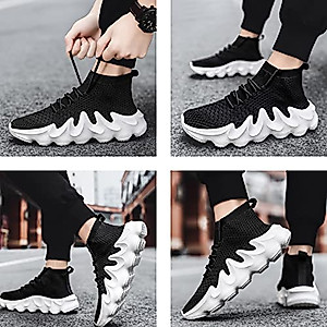 ALLY UNION MAKE FORCE Mens Sock Shoes Black Sneakers for Men Wide lace up Tennis Memory Foam Black Size 7,High/Black&White 7