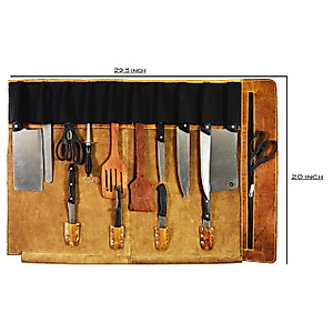 Aaron Leather Goods Vendimia Estilo Leather Knife Roll Storage Bag, Elastic and Expandable 10 Pockets, Adjustable/Detachable Shoulder Strap, Travel-Friendly Chef Knife Case Roll (Caramel, Leather)