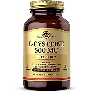 Solgar L-Cysteine 500 mg, 90 Vegetable Capsules - Free Form Amino Acid - Keratin Support for Skin, Hair & Nails - Glutathione Support - Vegan, Gluten Free, Dairy Free, Kosher - 90 Servings