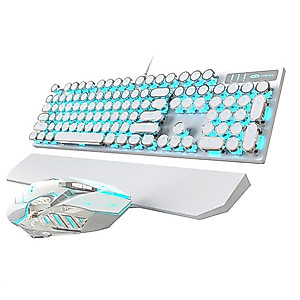 Typewriter Mechanical Gaming Keyboard and Mouse Combo, Retro Punk Round Keycap Blue LED Backlit USB Wired Computer Keyboard for Game and Office, for Windows Laptop PC, Red Switches(White)