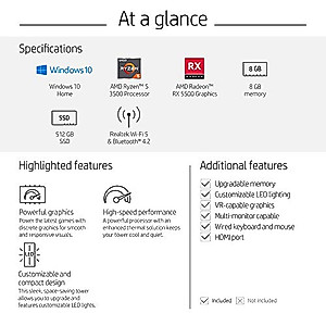 HP Pavilion Gaming Desktop Computer, AMD Ryzen 5 3500 Processor, AMD Radeon Rx 5500 4 GB, 8 GB RAM, 512 GB SSD, Windows 10 Home (TG01-0040, Black)