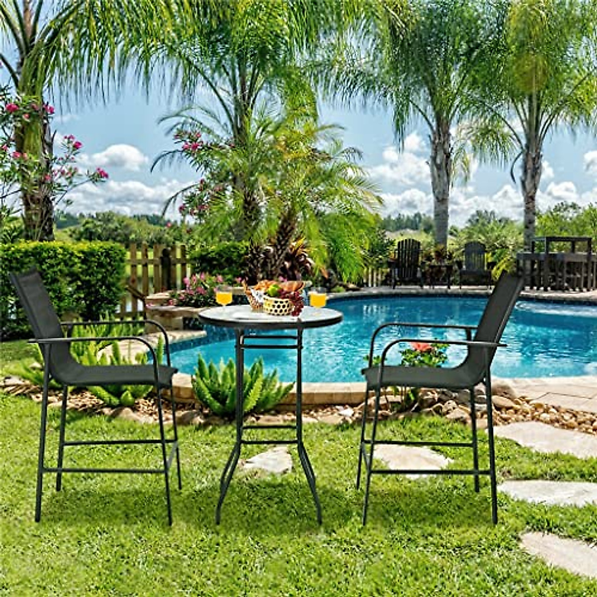 LUKEO 3 PCS Outdoor Patio Bar Table Stool Set Height Tempered Glass Top Suitable for Garden, Patio, Poolside, Backyard and More