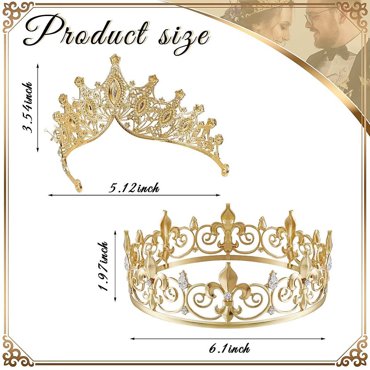 Junkin 2 Pcs Crowns for Men Women Baroque Queen Crown King Prince Tiara Princess Crystal Headband Rhinestone Prom Party(Gold)