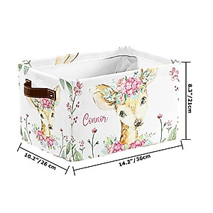 Pink Floral Deer Leaves Personalized Storage Bins Box Baskets with Handle Cubes Clothes Basket Box for Women Christmas Office Holiday 1 Pack