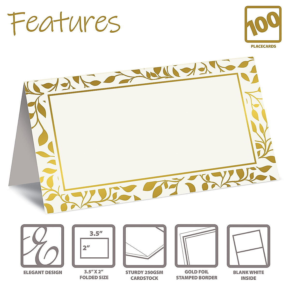 Better Office Products 100 Pack Place Cards, 2 x 3.5 in, White with Metallic Gold Leaf Foil Border, Folded Table Tent Cards for Weddings, Dinner Parties, Buffet Banquets,(100 Count)
