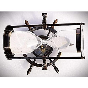 Nautical Maritime Black Antique Full Brass Sand Timer Hourglass with Wheel Compass Base Brass Antique Sand Timer Hourglass with Wheel Compass Base & Hanging Decor Item