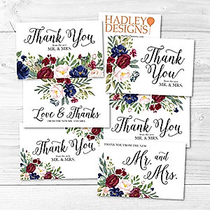 24 Floral Navy Burgundy Wedding Thank You Cards With Envelopes, Elegant Bridal Shower Thank You Note From The New Mr. & Mrs. Newlywed Wine Flower Gratitude Supplies, 4x6 Personalized Bulk Stationery