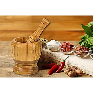 DecorRack Mortar and Pestle, 100% Natural Bamboo Spice Grinder, Decorative 4 inch Wooden Mortar and Pestle Set for Kitchen