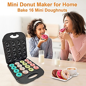 Mini Donut Maker Machine for Home, Kid-Friendly 16-Hole Electric Doughnut and Pancake Maker with Non-Stick Surface, Ideal for Homemade Doughnuts (Black with 1 Pair Mini Oven Gloves & Brush)