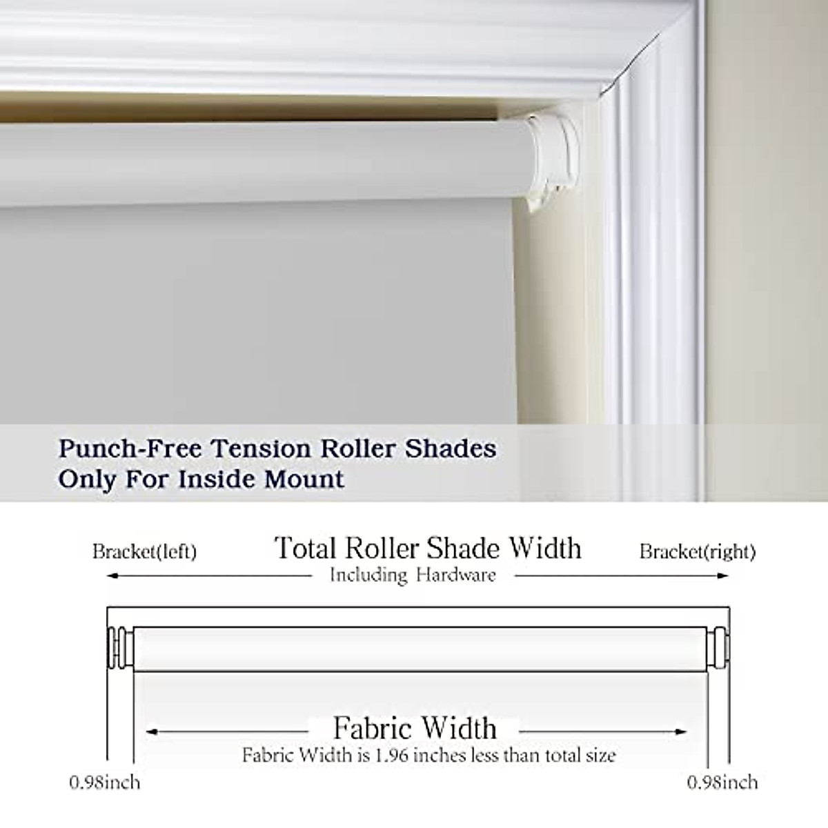 No Drill Inside Mount Blackout Roller Shades Custom No Tools Tension Window Blinds, Easy Install Waterproof Blinds for Office Living Room, Bathroom, Kitchen, Light Grey