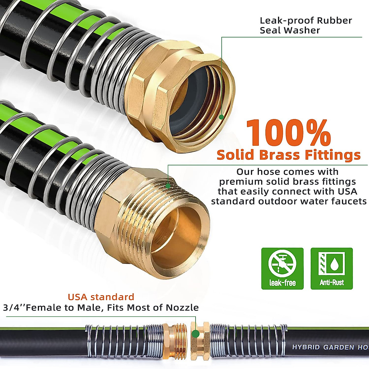 150 ft Hybrid Garden Hose–No Kink,Heavy Duty,Lightweigh Flexible,Leakproof Water Hose–5/8 in ID,3/4"Solid Brass Connectors-Rubber Car Hoses Pipe for outdoor Watering& Washing,600 Burst PSI