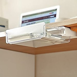 Hidden Small Slide Out Drawer Tray Storage Under Desk/Table Organizer with Handle to Pull and Double Self-adhesive, Extra Drawer for Home, School, Office, Table, Cabinet, Shelf, Clear
