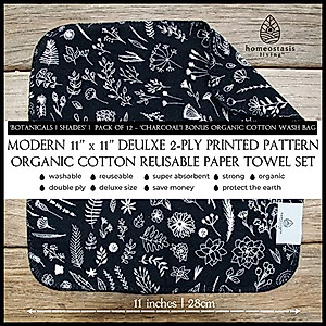 Homeostasis Living REusable Paper Towels with Cotton Wash Bag | Botanical-Charcoal Zero Waste Gift | Eco Friendly Paper Towels, Napkins Cloth Washable Reusable Paper Towel Roll, Paperless Paper Towels