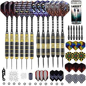 LANNEY Darts Metal Tip Set, 24 Grams and 20 Grams Tipped Metal Darts Steel Tip Set Professional with Aluminum Shafts, Brass Barrels, Sharpener Tool Kit, Carrying Case, Extra Dart Flights Accessories