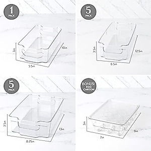 Refrigerator Organizer Bins - Clear Plastic, Stackable, Narrow and Wide Bin Sizes, Egg Tray with Lid. Great Storage for Fridge, Cabinets, Countertops and Pantry. (Set of 12)
