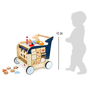 Wooden Whale Baby Walker by Small Foot – Classic 5-in-1 Activity Center - Interactive Toy with Shape Sorter, Puzzle Maze, Compass, Chalkboard - Develops Kids Coordination, Motor Skills –Age 12+ months