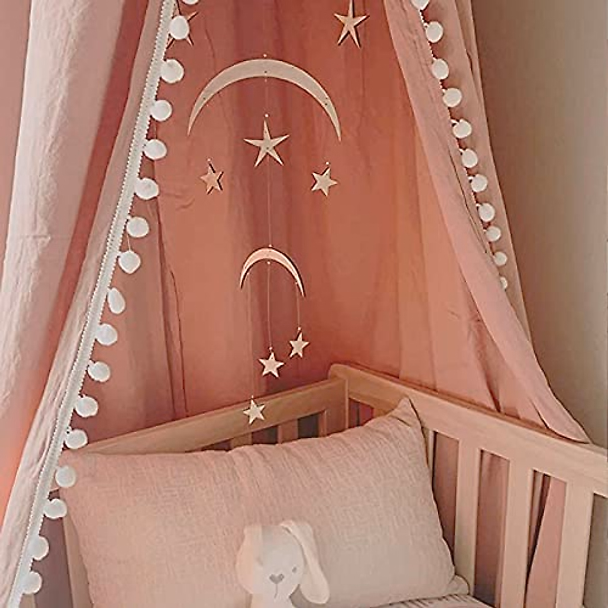 LOAOL Kids Bed Canopy with Pom Pom Cotton Canopy for Crib Baby Girl Netting Cover Canopy Crib Curtain Reading Nook Hanging Tent Nursery Play Game Castle House Decoration (Pink Pompom)