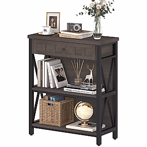 FATORRI Rustic Bookshelf with Drawer, Industrial Wood and Metal Bookcase, Small Book Shelf and Low Book case for Small Space (Walnut Brown)