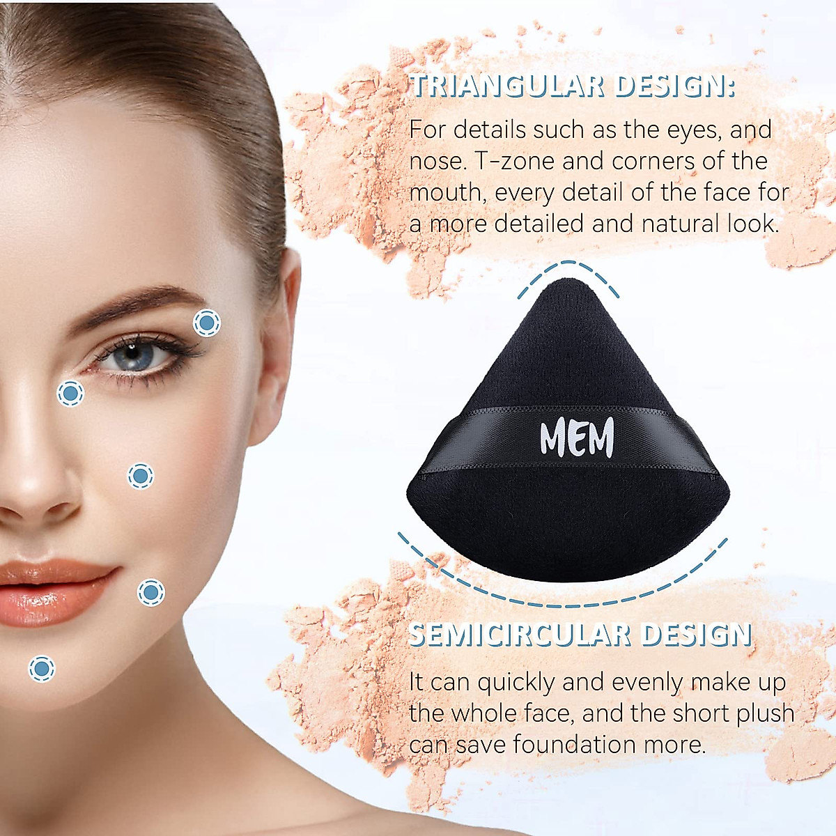 MEM Triangle Powder Puff - 8 Pcs Soft Velour Makeup Puffs for Face Powder Loose Powder Application, Wet and Dry Use, Sponge Beauty Makeup Tools, Skin-Friendly, with Satin Ribbon for Easy Handling