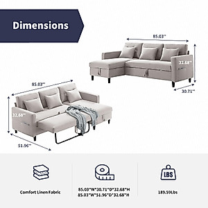 ZAFLY Folding Sofa Bed, Convertible Sectional Sleeper Sofa with Storage Chaise, 91 Inch Pull Out Couch, L-Shape Sofa Couch, Linen Upholstered 2 in 1 Sofa Bed for Living Room Office Apartment - Beige