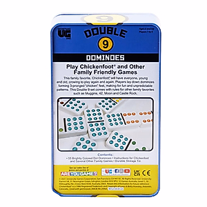 Front Porch Classics | Double 9 Colored Dot Dominoes Travel Tin Set, 2 to 8 Players Ages 8 to 99