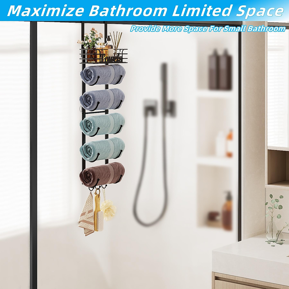 Over The Door Towel Racks for Bathroom,6 Tier Towel Rack Wall Mounted with Metal Shelf and Hooks,Rolled Towel Storage for Bathroom Door Holder Organizer Hanging,Black