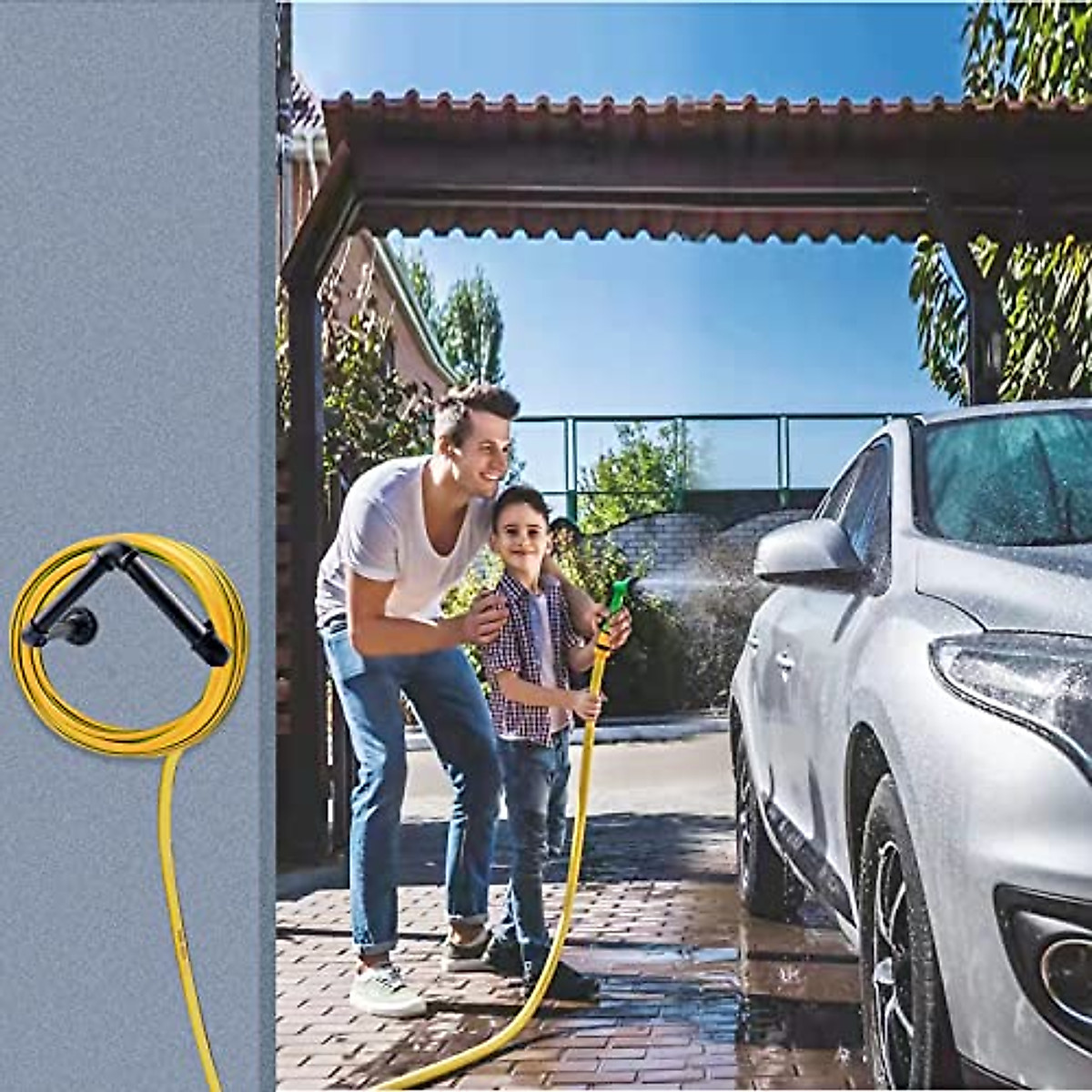 psqoong Garden Hose Holder, Water Hose Holder Wall Mount, Hose Hanger Holds Up to 125 ft Water Hose, Garden Hose Storage, Heavy Duty Hose Caddy, Hose Hook, Hose Organizer for Outside